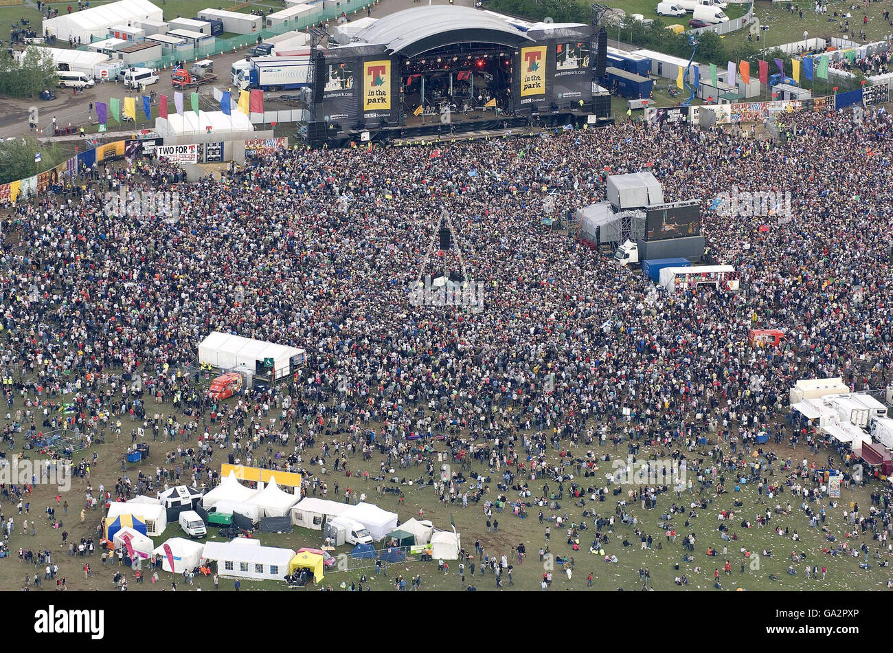 Music fans at the T in the Park music festival at Kinross in Scotland ...