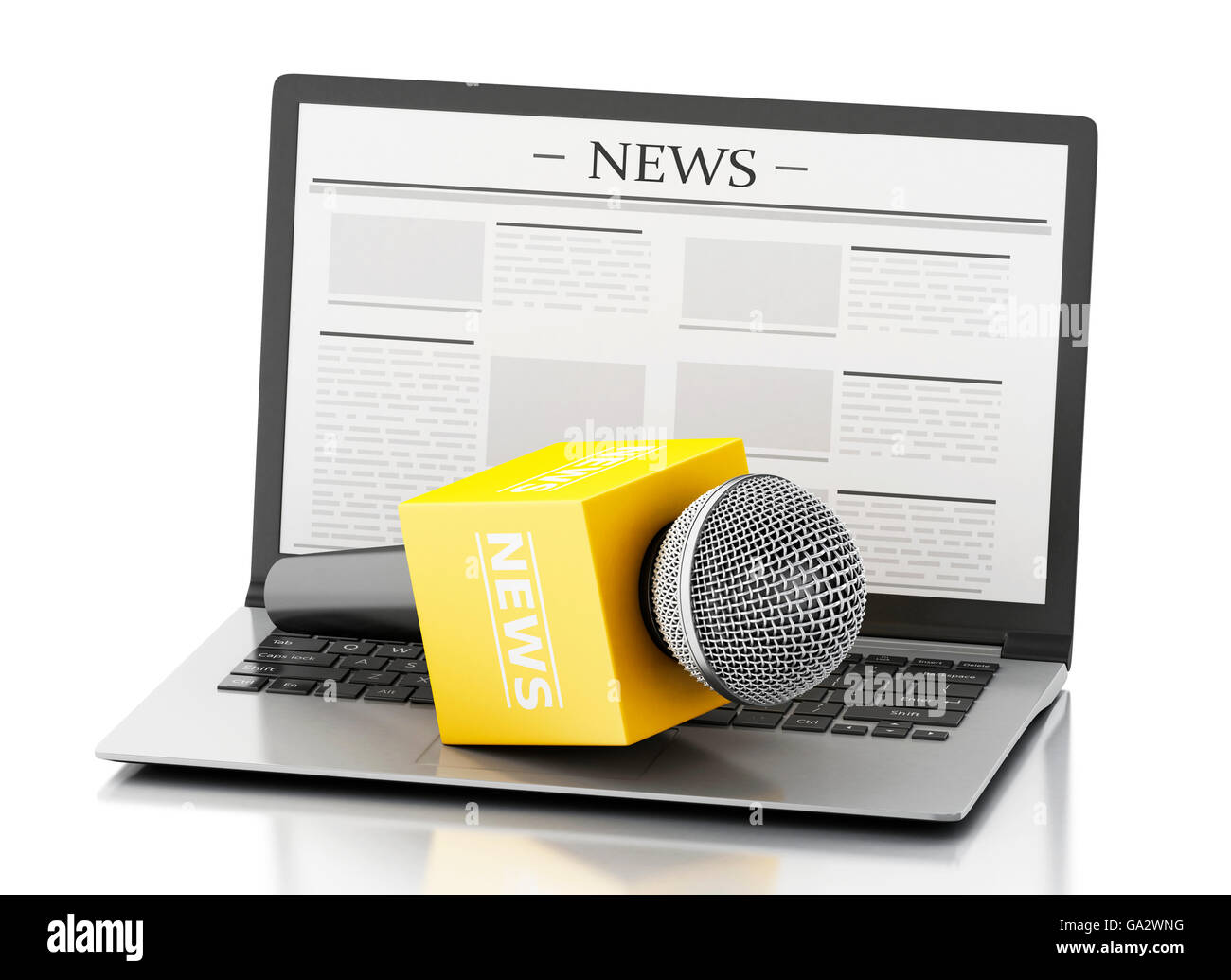 3d renderer image. News microphone and laptop with news article ...