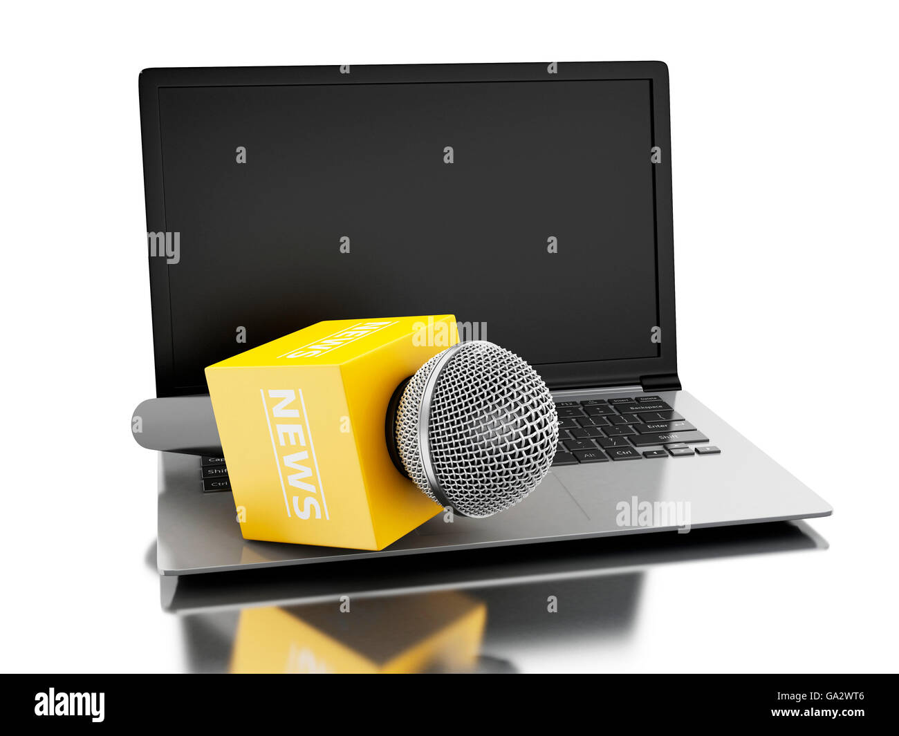 3d renderer image. News microphone tv with laptop. News concept ...