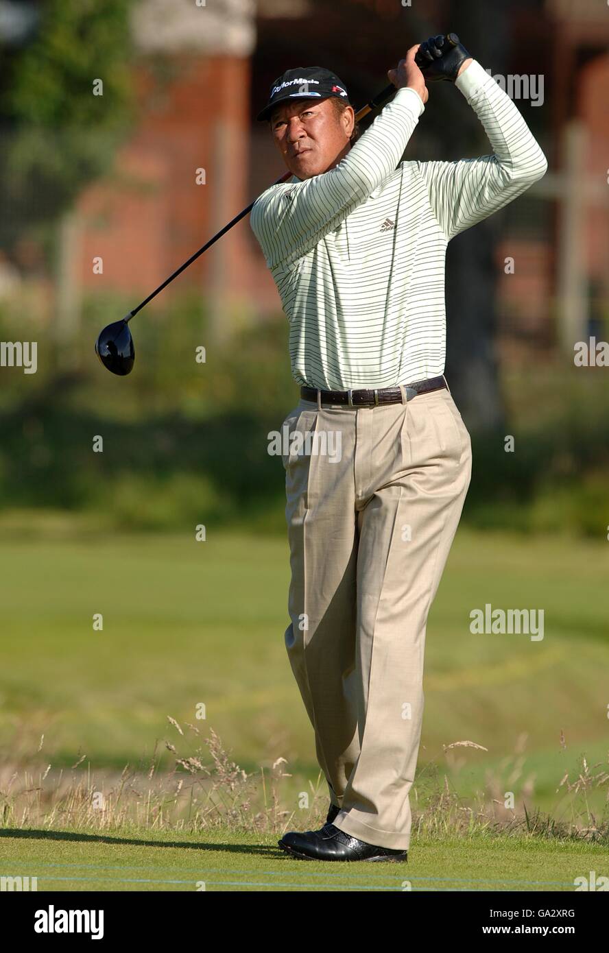 Isao Aoki in action during a practice day ahead of The Open ...