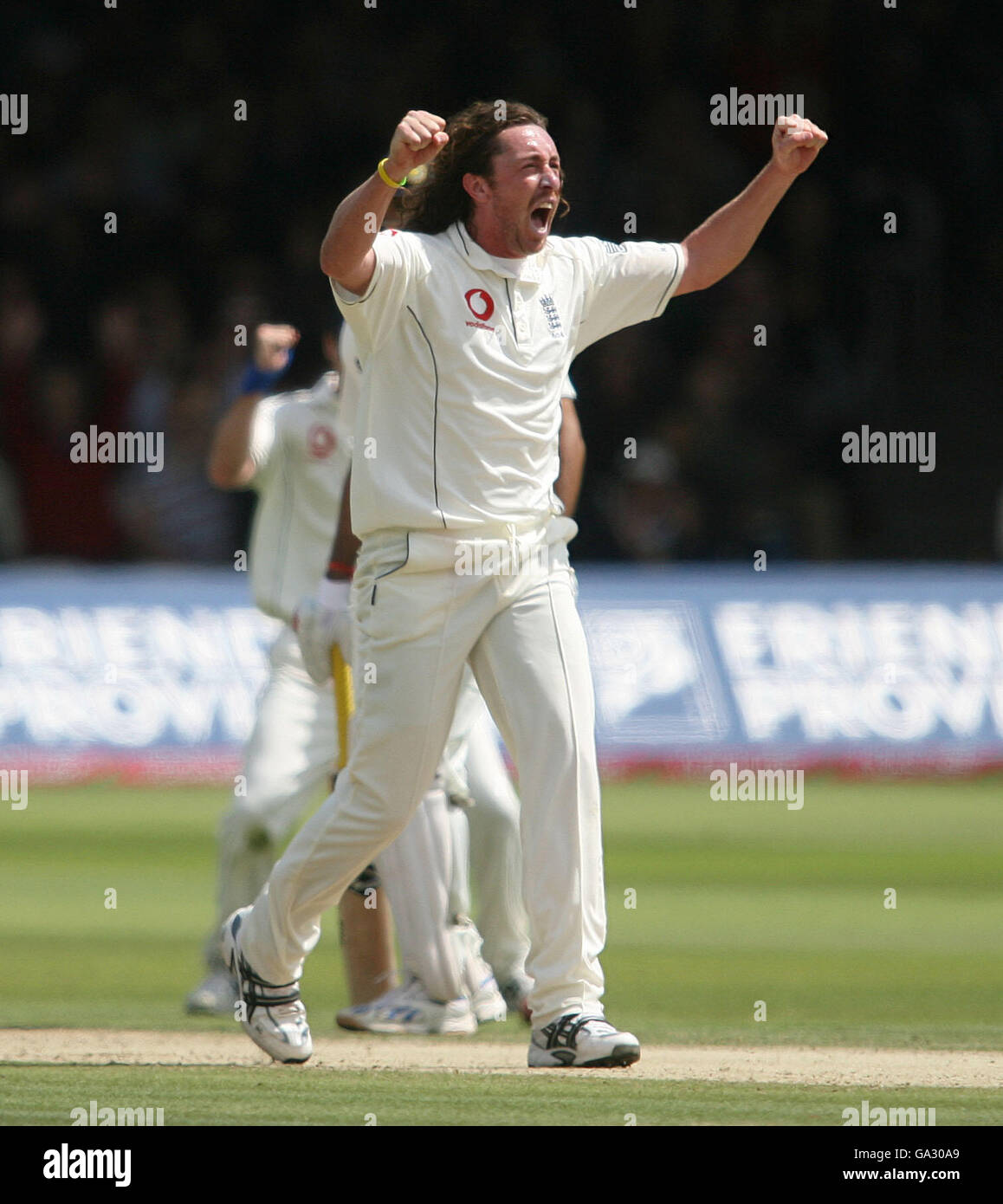 England's Ryan Sidebottom celebrates taking the wicket of India's Anil ...