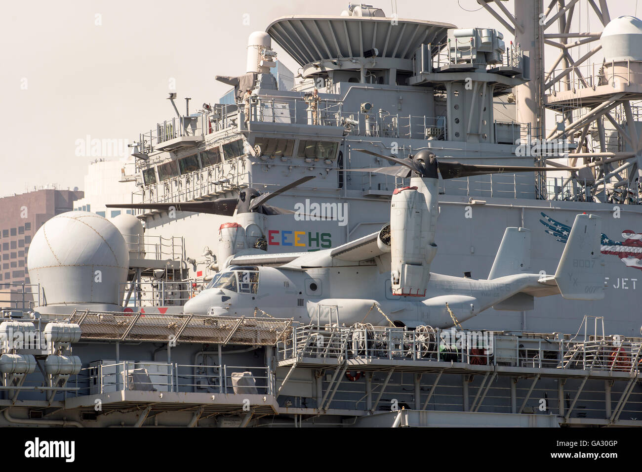 US Marine Bell Boeing V-22 Osprey lashed to the deck of the United ...