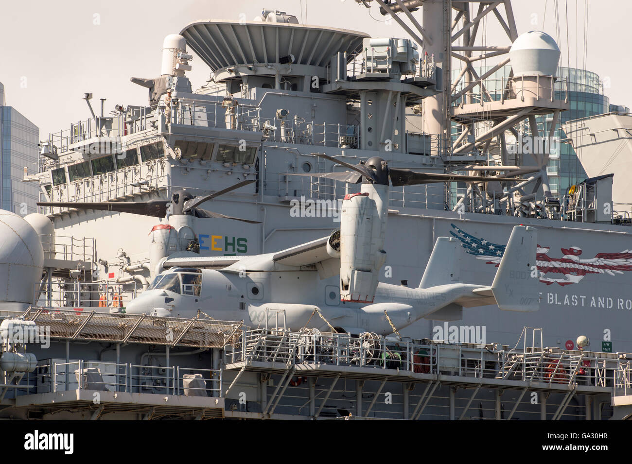 US Marine Bell Boeing V-22 Osprey lashed to the deck of the United ...