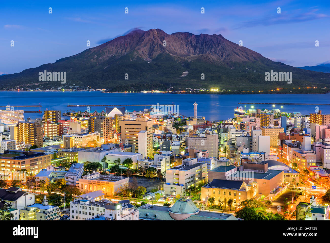 Kagoshima, Japan skyline with Sakurajima Volcano Stock Photo - Alamy