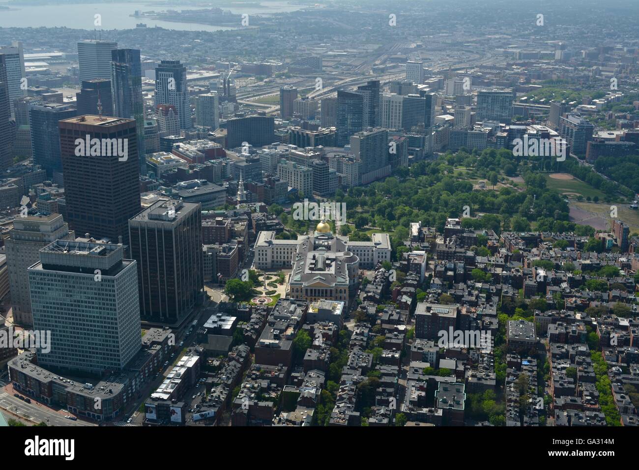 A view of the Massachusetts State House, Boston Common, and Beacon Hill ...