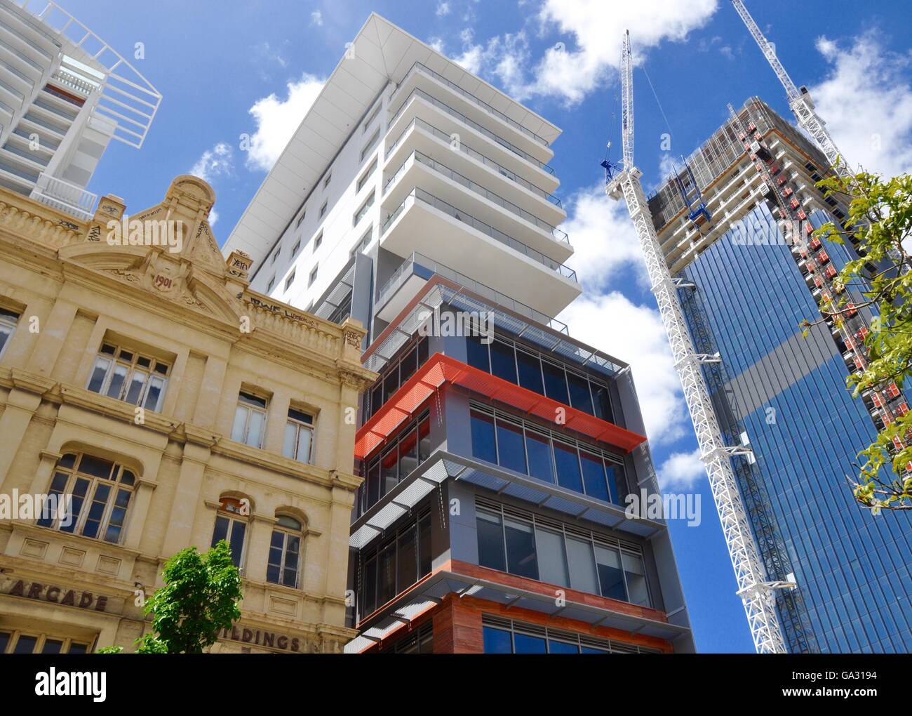 Upward perspective of the old and modern architecture in the Perth ...
