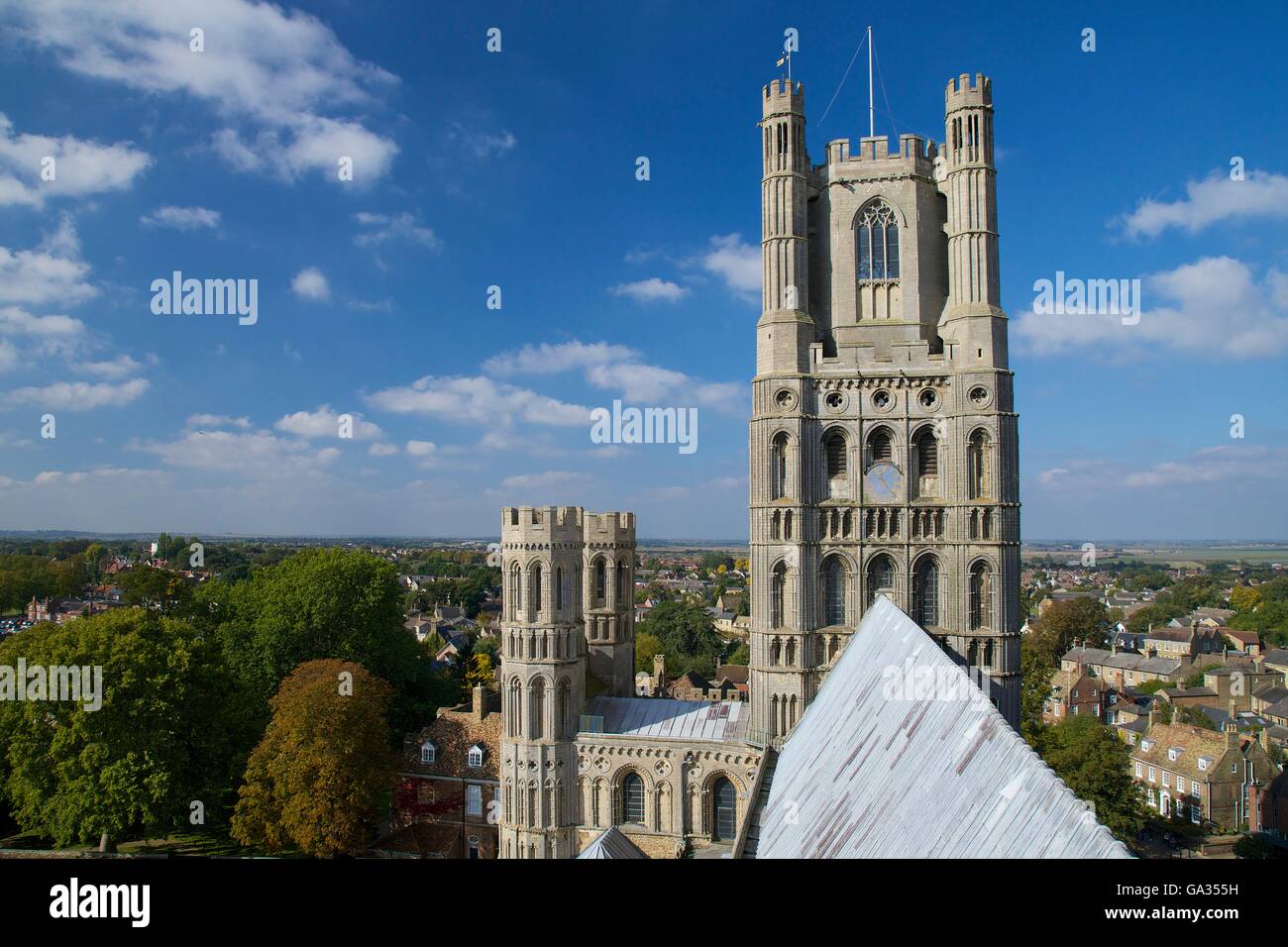 Ely Cathedral exterior, view from roof, Cambridgeshire England GB UK ...