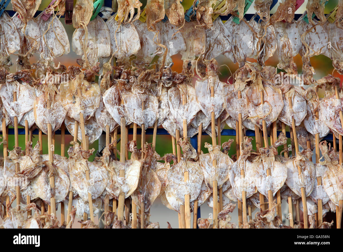 dry fish on a market in the city of Amnat Charoen in the Region of Isan ...