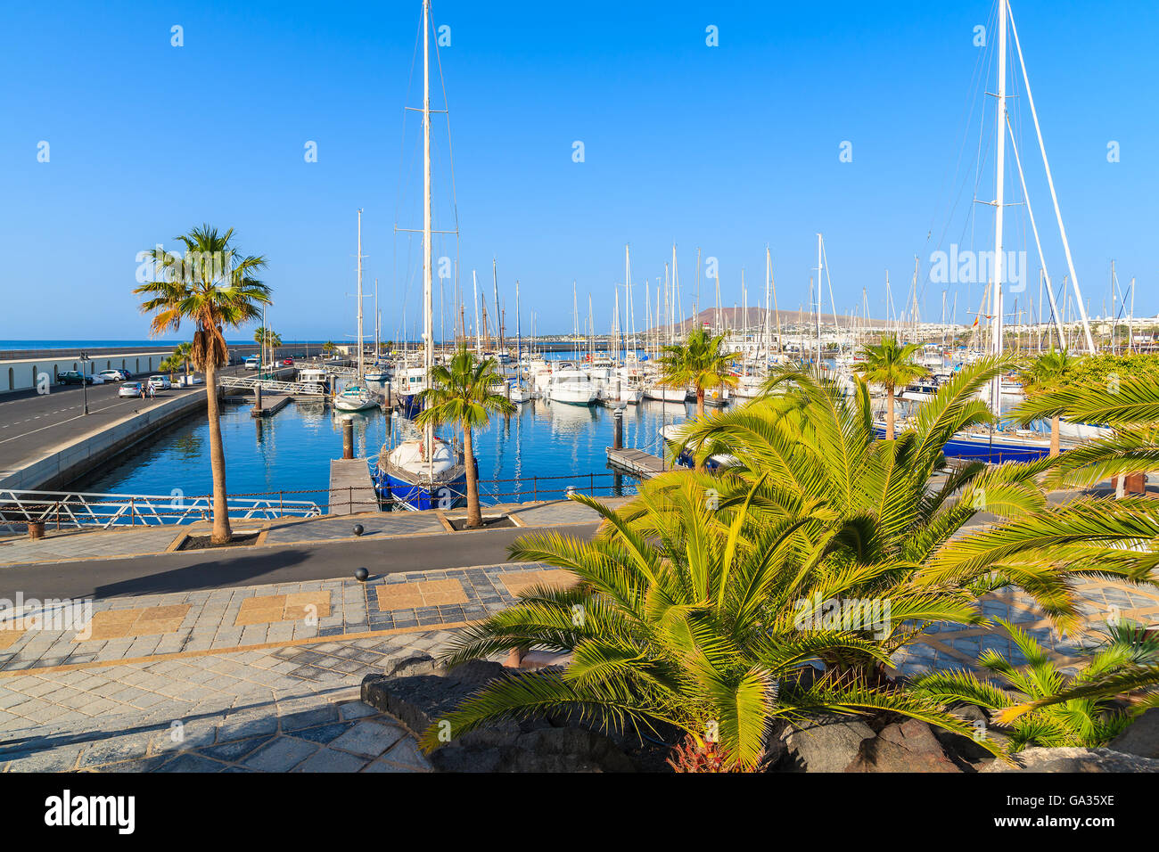 Tropical marina Rubicon in Playa Blanca holiday town, Lanzarote island ...