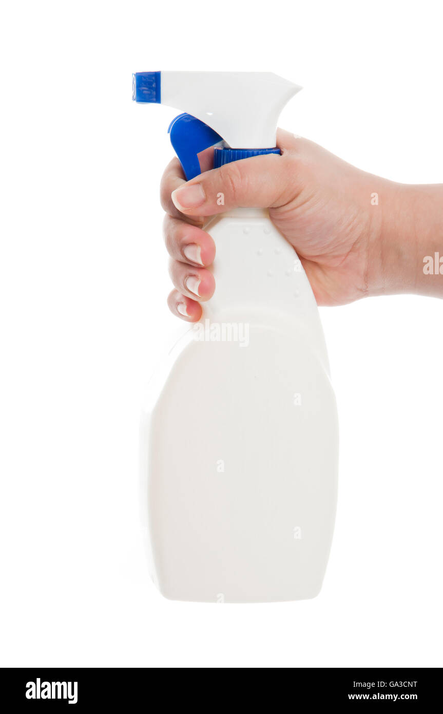 Hand With Cleaning Spray Bottle Isolated on White Stock Photo - Alamy