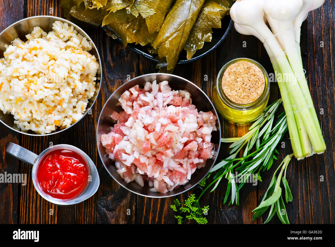 fresh ingredients for dolma: grape leaves and meat Stock Photo - Alamy