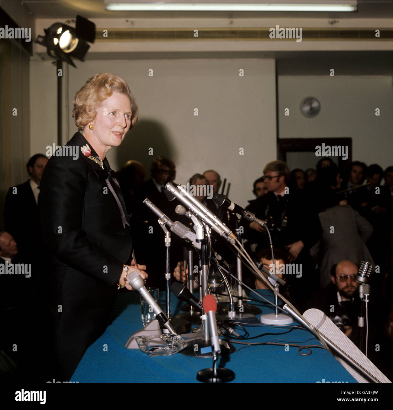 Margaret Thatcher at a press conference at the Conservative central ...