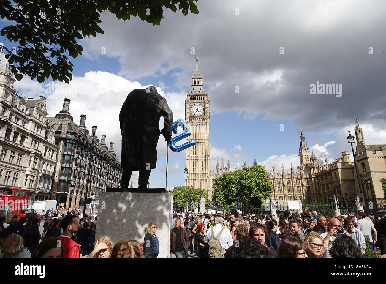 An EU balloon flies next to a statue of Winston Churchill in Parliament ...
