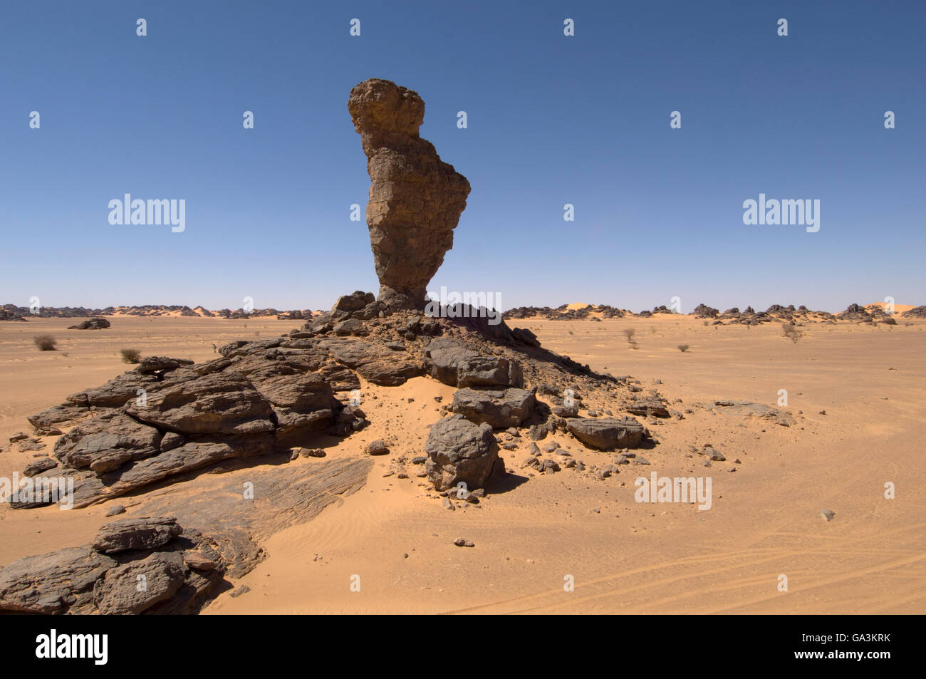 Rock formation called The Finger of Allah, Akakus, Acacus Mountains or ...