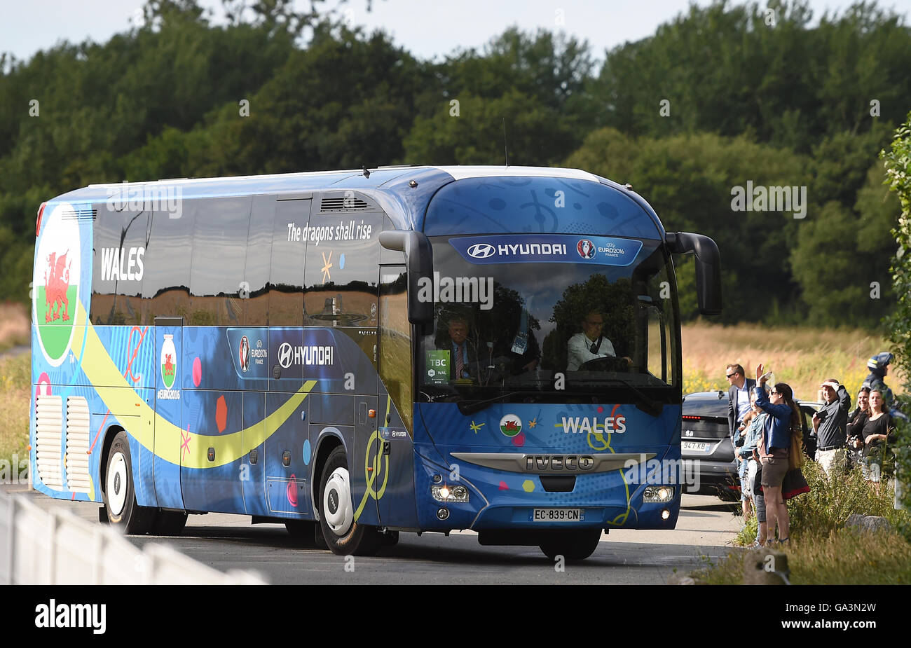 The Wales team bus leaves Dinard Airport Stock Photo - Alamy