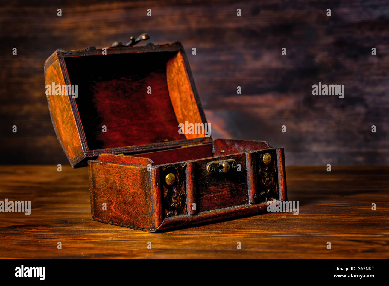 beautiful vintage treasure of mystery chest on wooden background with ...