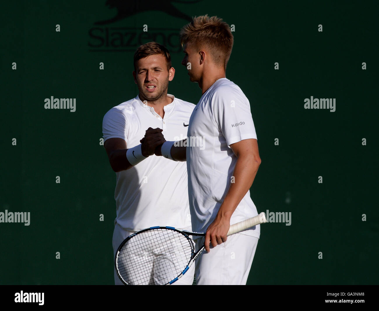 Dan Evans during his doubles match with Lloyd Glasspool on day six of ...