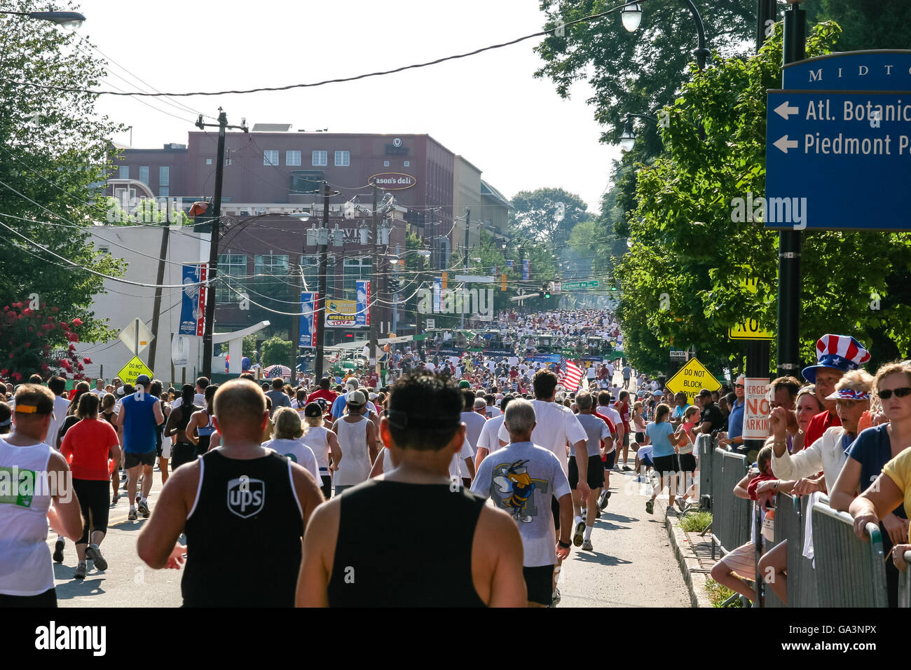 ATLANTA, GEORGIA - July 4, 2015: Participants in the Peachtree Road ...