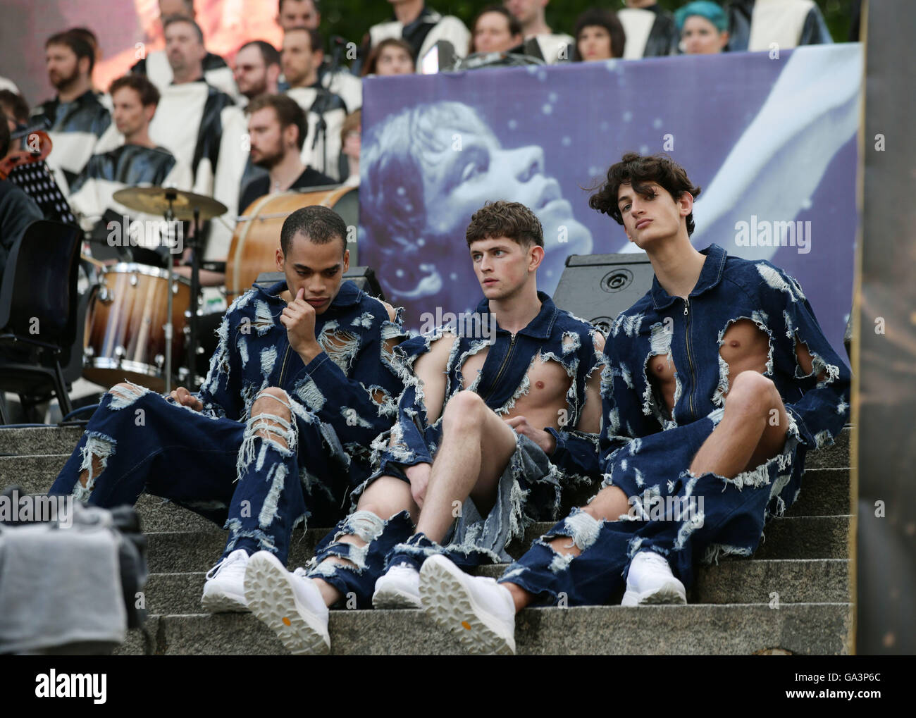 Performers taking part in a live theatrical tableau by artist and ...