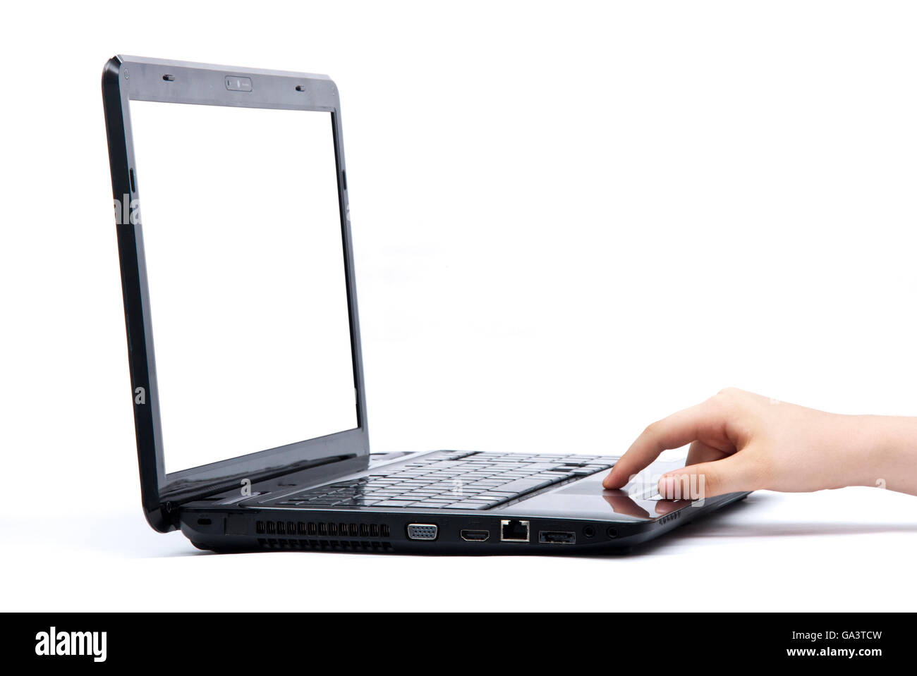Hand Using Laptop Touchpad Isolated on White Background Stock Photo - Alamy