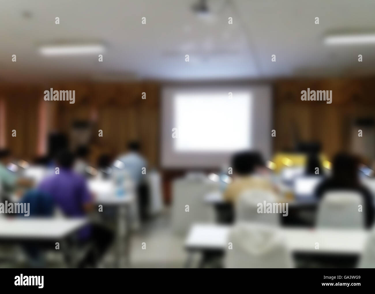 Abstract blurred background computer training in computer room Stock ...