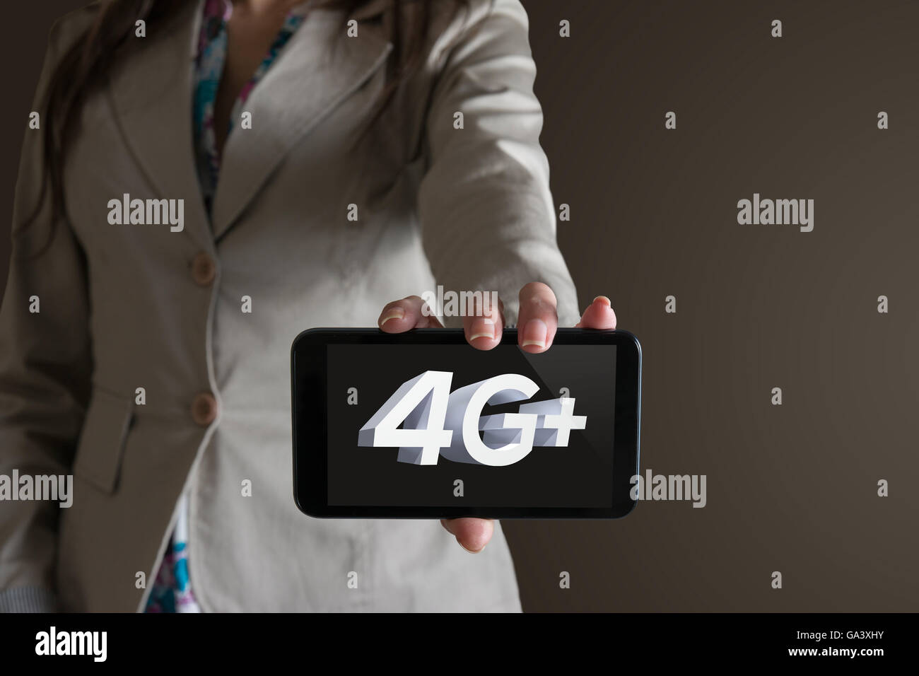 4G, business woman showing mobile screen with 4G Connection Stock Photo ...