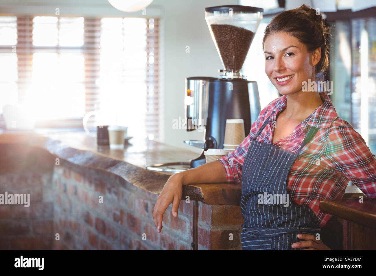 Waitress leaning against counter Stock Photo - Alamy