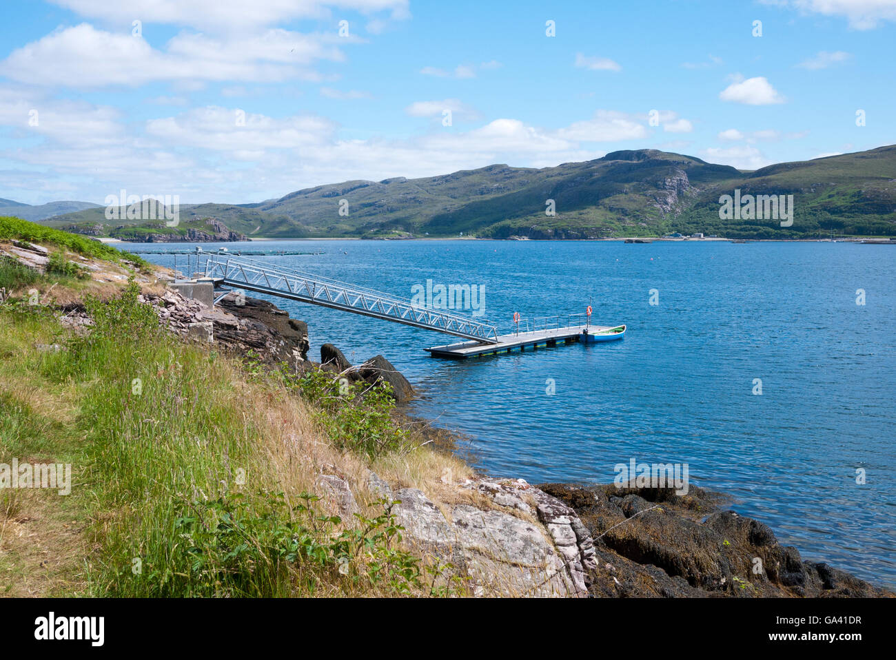 Pontoon quay and walkway on Isle Martin,Loch Kanaird, Highlands ...
