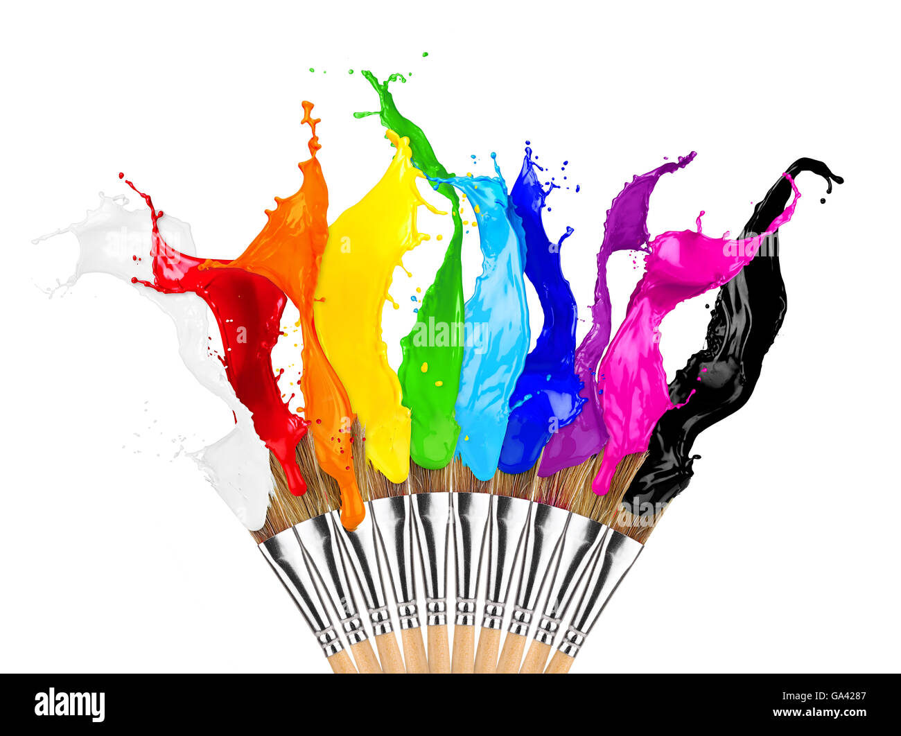 colorful color splashes paintbrush row isolated on white background ...