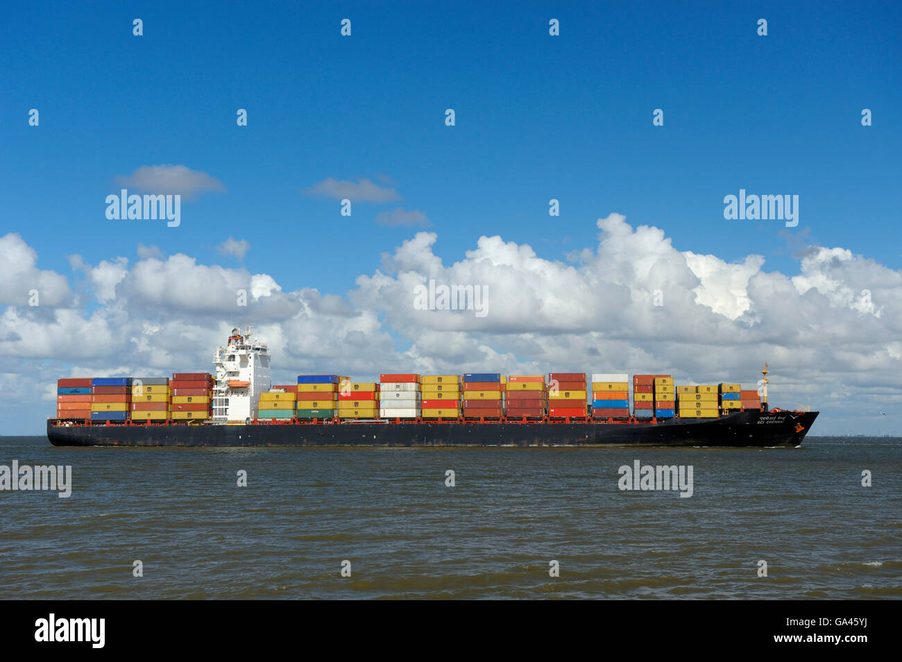 Container ship at river Elbe, Cuxhaven, Germany Stock Photo - Alamy