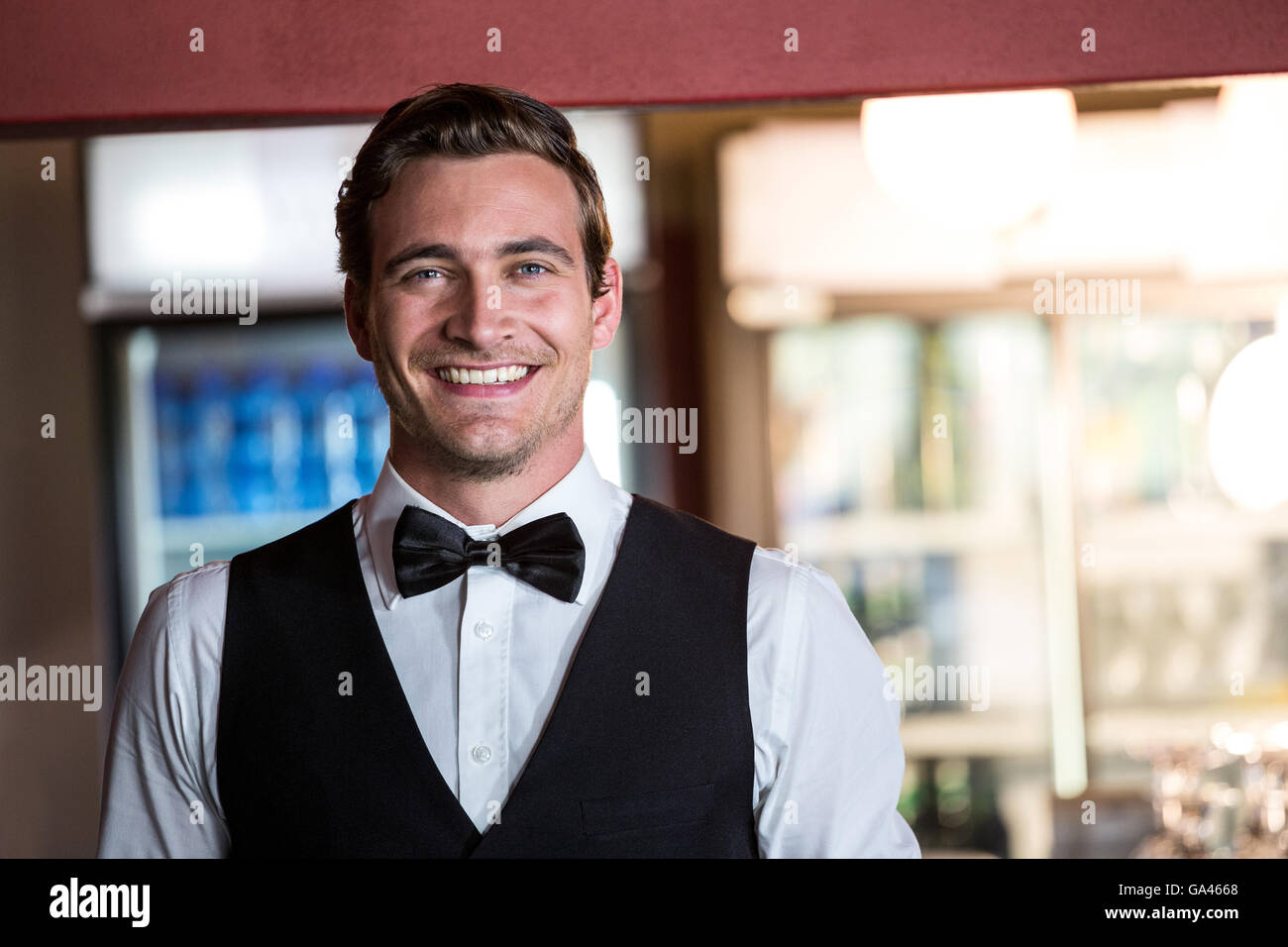 Portrait of bartender standing at bar Stock Photo - Alamy