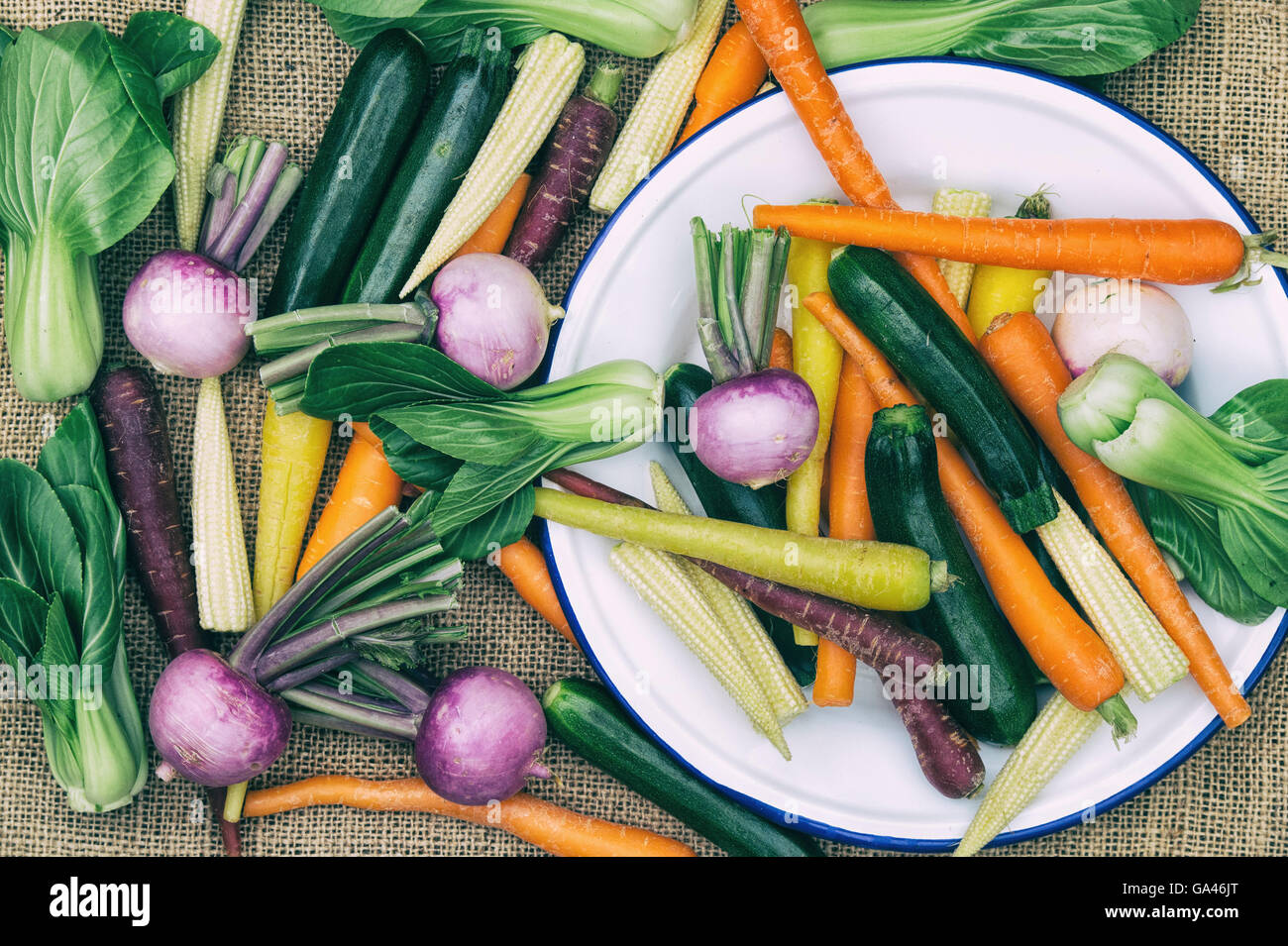 Mini vegetable pattern with enamel plate retro style Stock Photo - Alamy