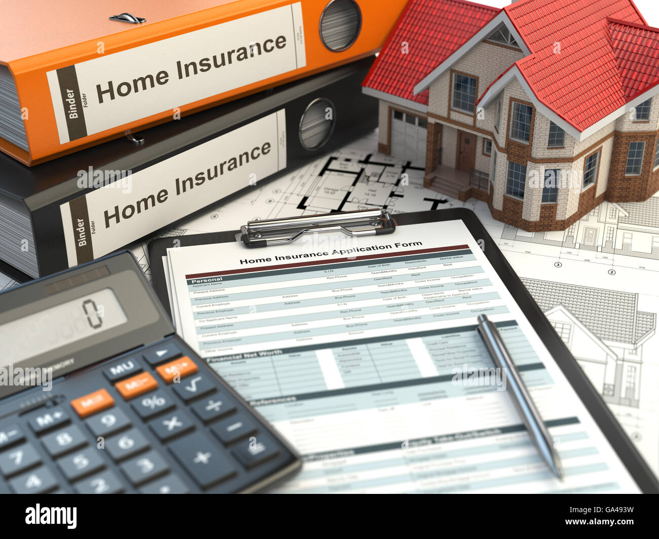 Home insurance form, house, calculator and binders, 3d illustration ...