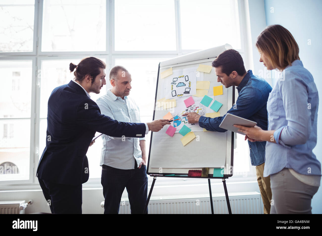 Colleagues pointing on white board Stock Photo - Alamy