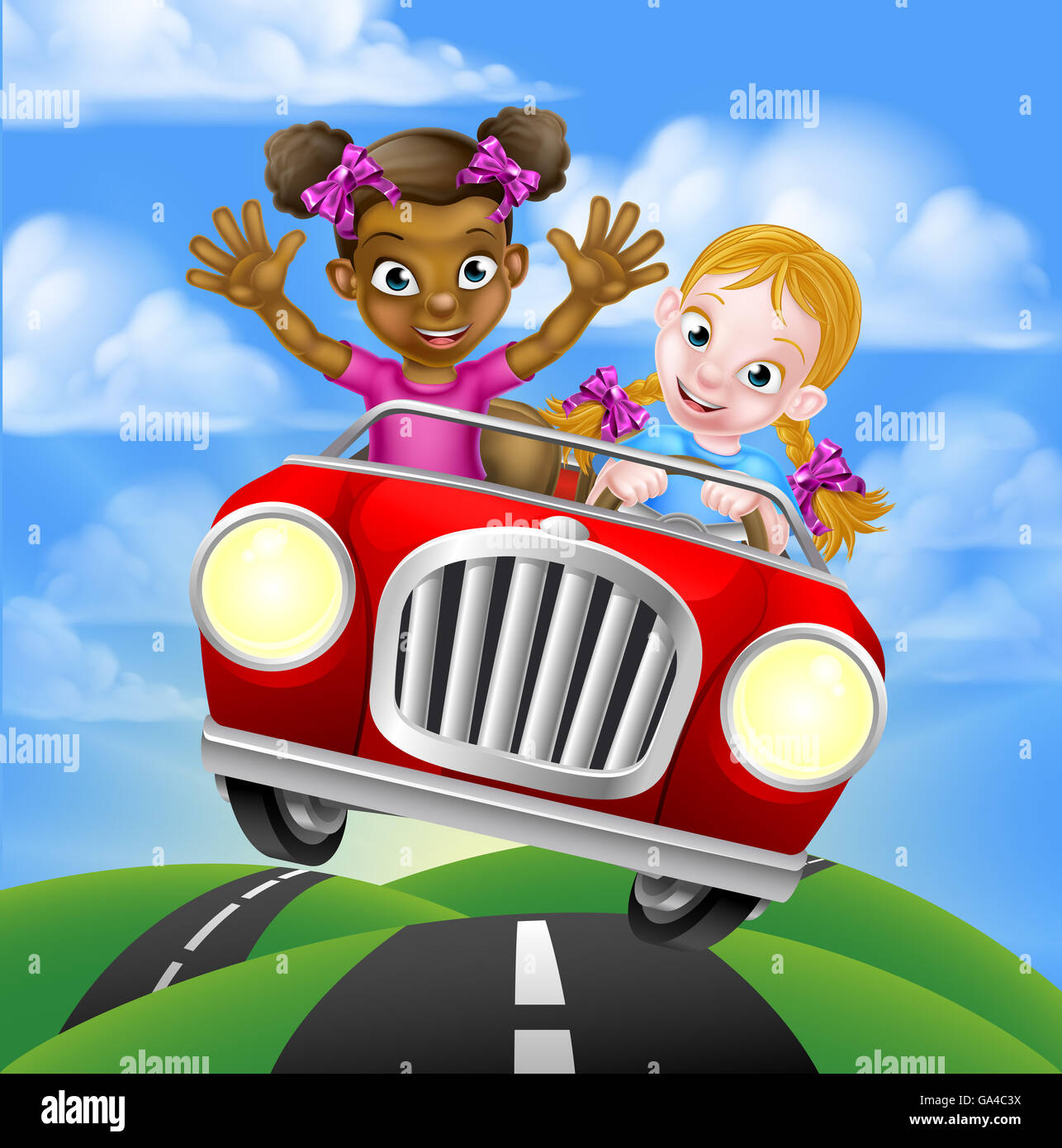 Cartoon girls, one black one white, having fun driving fast in a car on ...