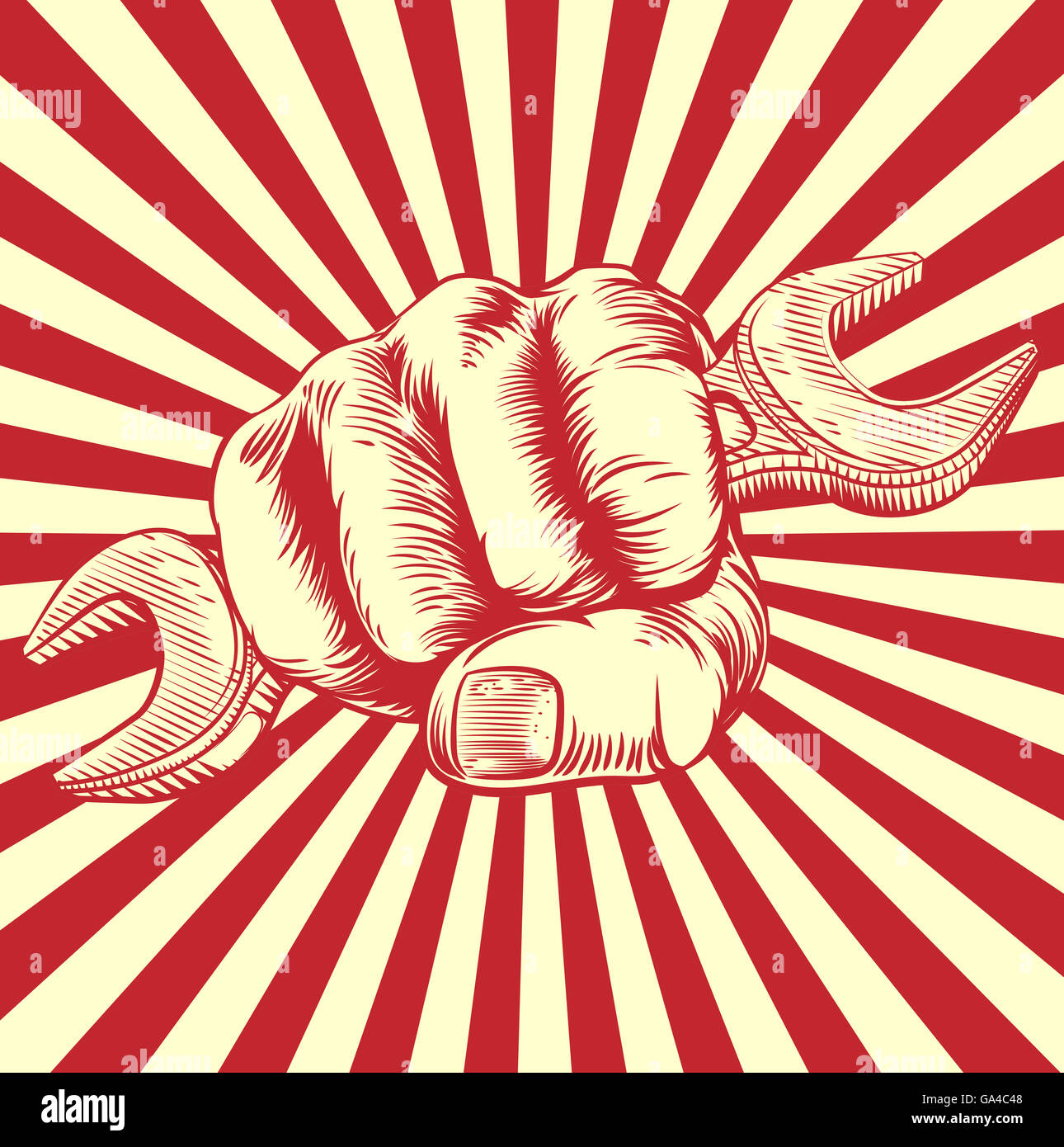 A hand in a fist holding a spanner in vintage propaganda poster woodcut ...