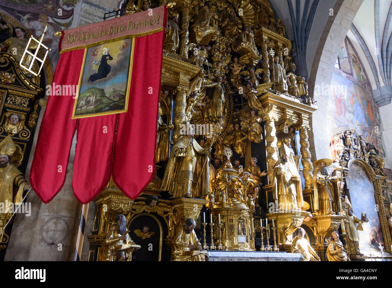 Gurk Cathedral : altar with a church banner with the holy Hemma of Gurk ...