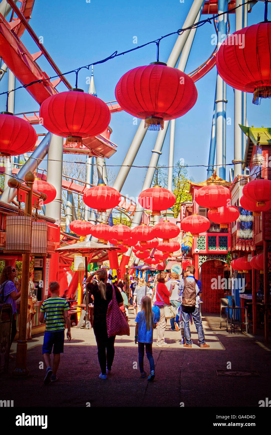 Copenhagen, Denmark: chinese lanterns and roller coaster at Tivoli ...