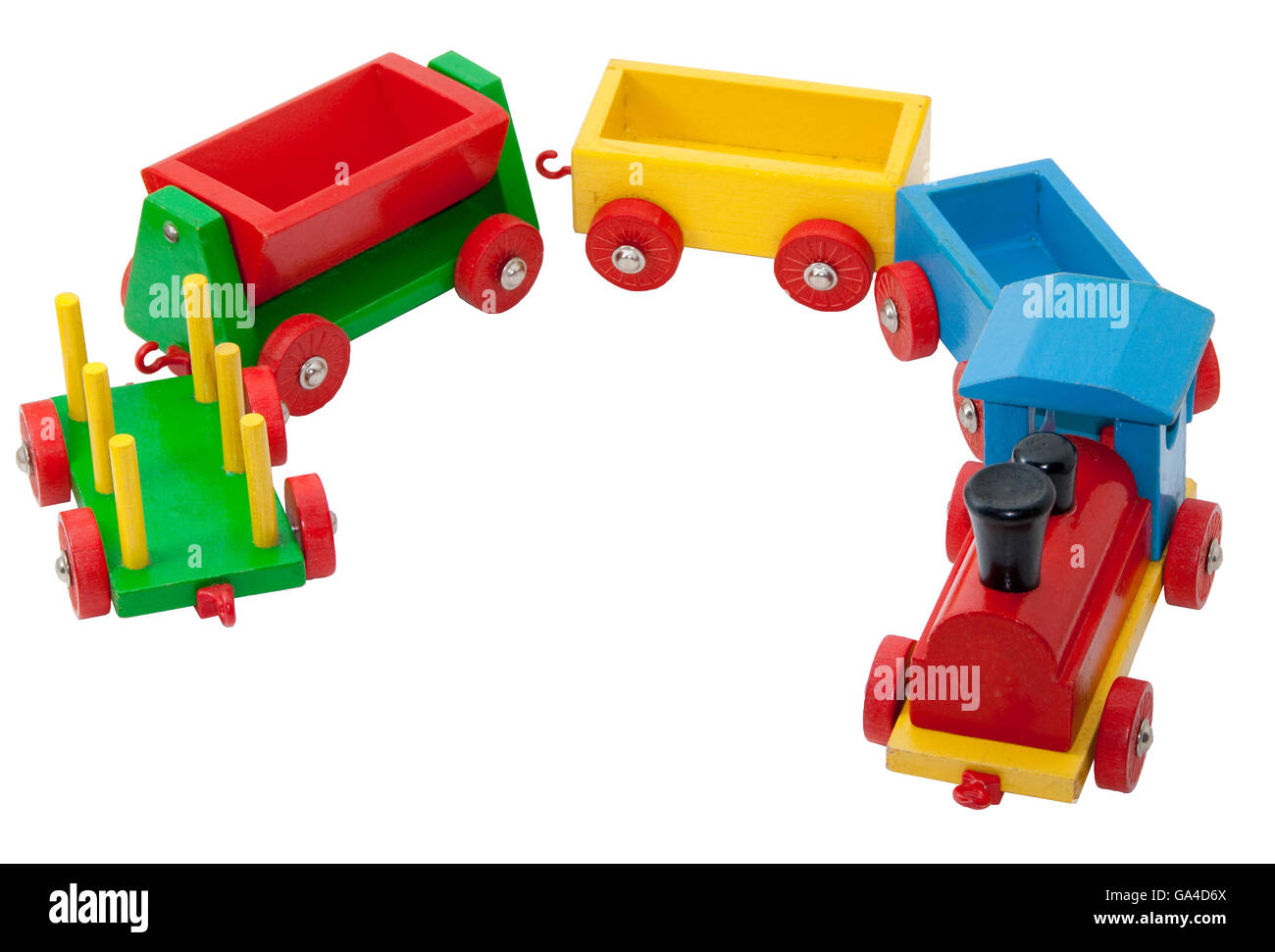 Colorful wooden model railway with steam locomotive and goods waggons ...