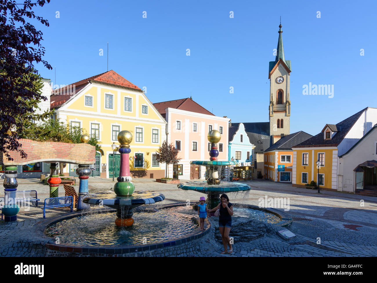 Zwettl Main square with Hundertwasser fountain and church Austria ...