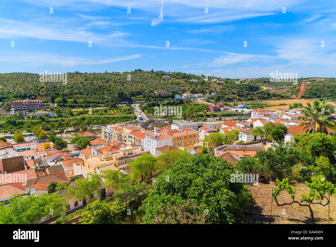 View of Silves town with colorful houses from castle, Algarve region ...