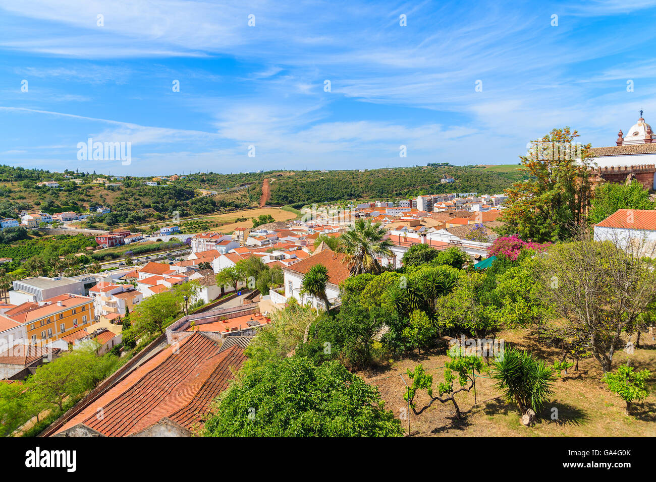 View of Silves town with colorful houses from castle, Algarve region ...