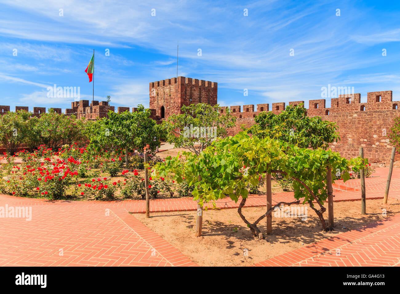 Grapevine and flowers on square of medieval castle in Silves town ...
