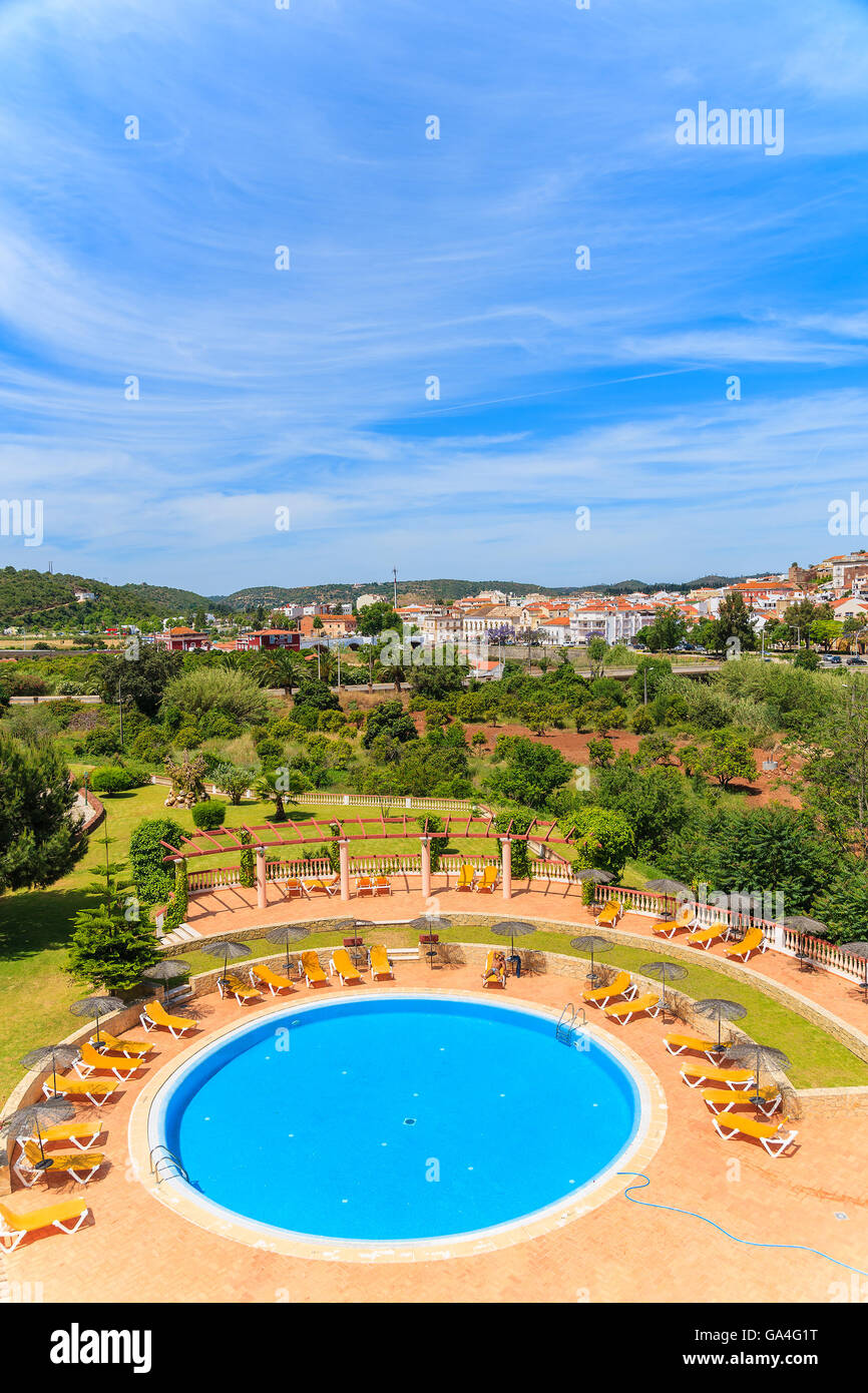 View of Silves town and swimming pool complex in Algarve region ...