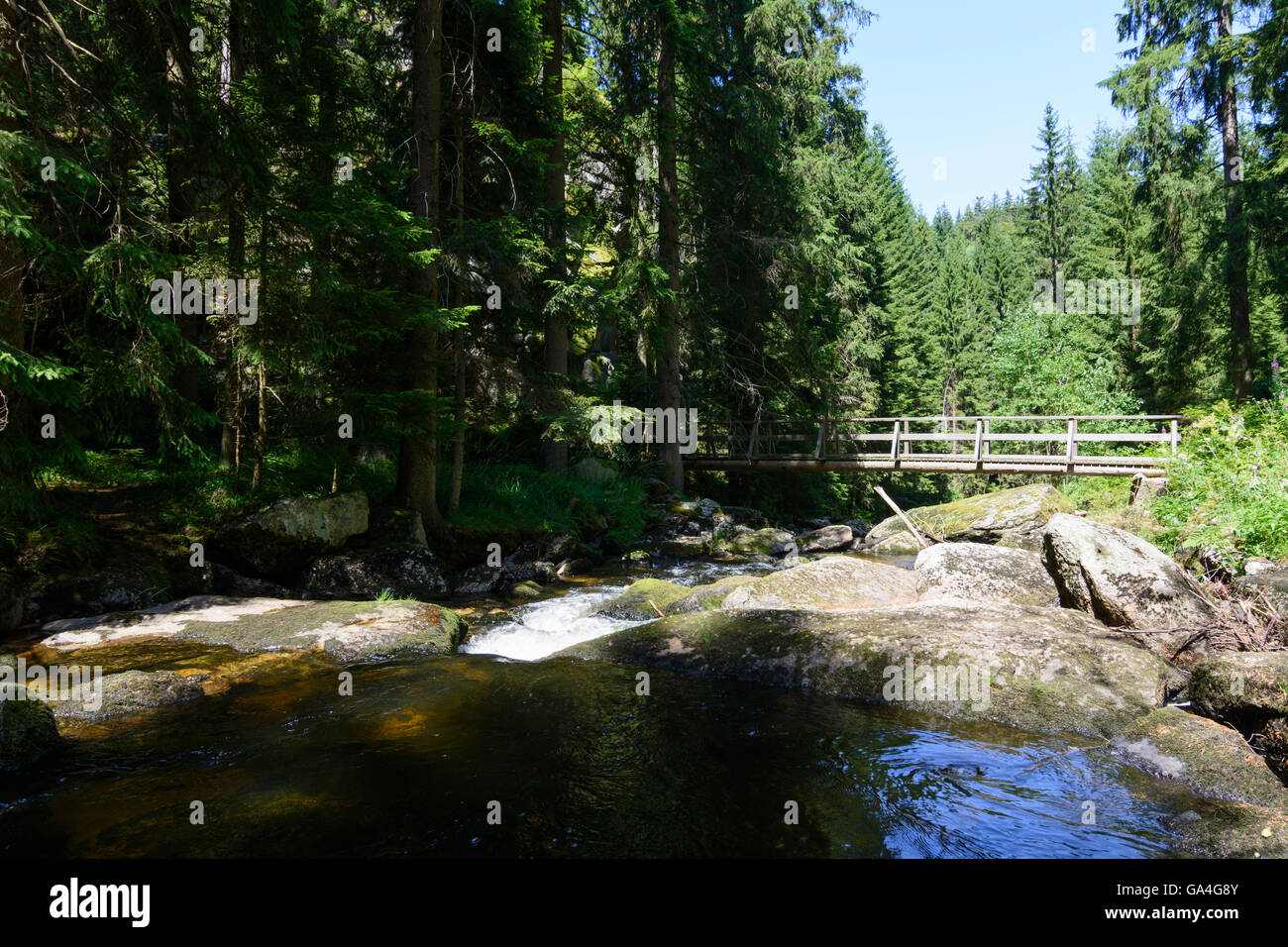 Arbesbach pedestrian bridge at waterfall Höllfall stream Großer Kamp at ...
