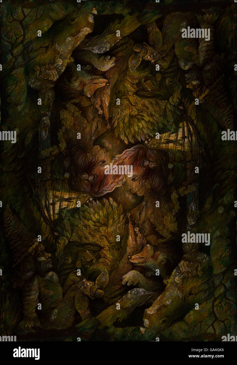 background pattern with dwarves, animals and forest elemental motives ...