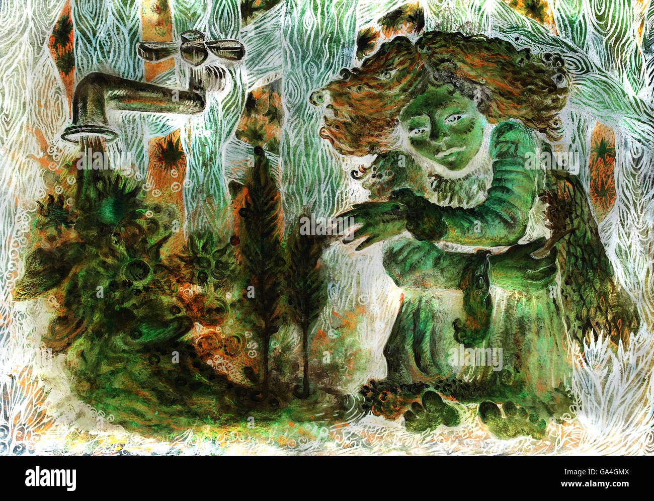 little green fairy elf sitting behind a fence with stars Stock Photo ...