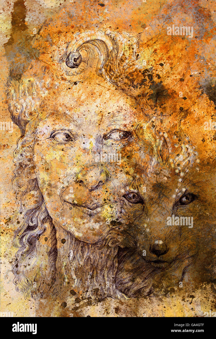 Wise shamanic woman forest goddess with fox, textured background Stock ...