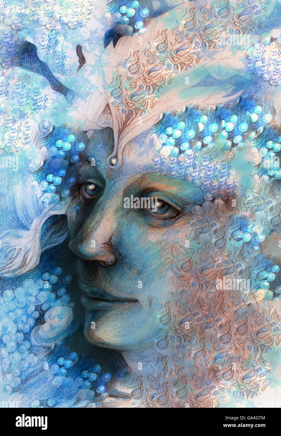elven man face with pearls and ornaments, drawing Stock Photo - Alamy