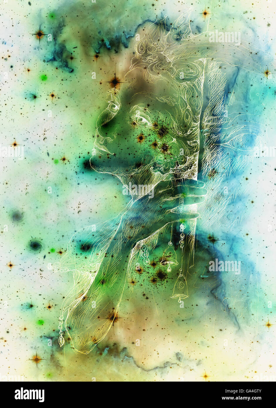 green elven fairy creature with tinker bells, monochromatic linear ...